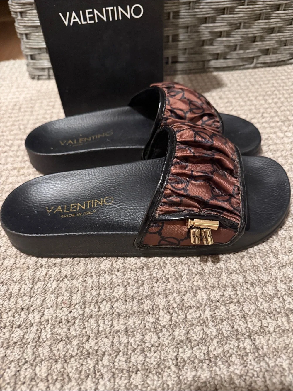 Valentino | Shoes | Valentino Brown And Black Logo Monogram Slide ...